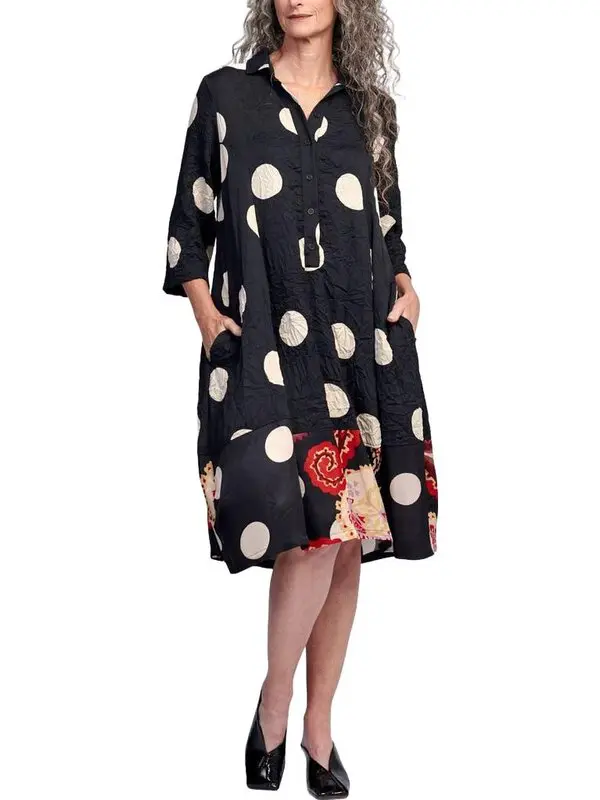 Alembika Polka Dots Mixed Print Shirt Dress - Black Paisley Print