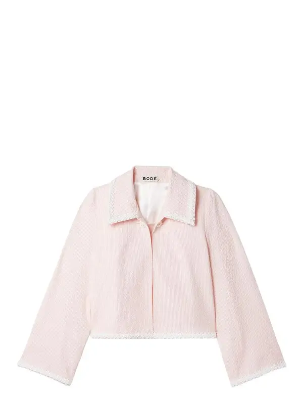 BODE Cropped Appliquéd Striped Cotton-blend Seersucker Jacket - Pink