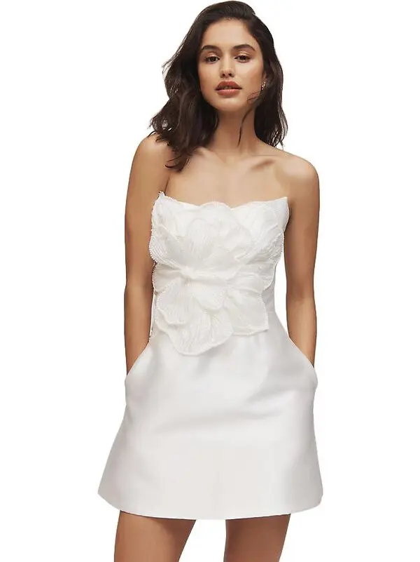 Watters Strapless Embellished Floral A-line Mini Dress - Ivory