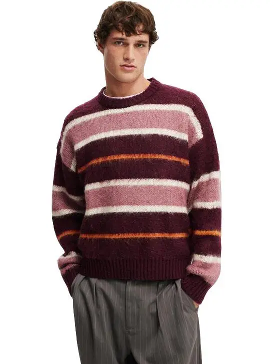 COTTON ON Box Fit Fuzzy Crew Knit - Berry Stripe