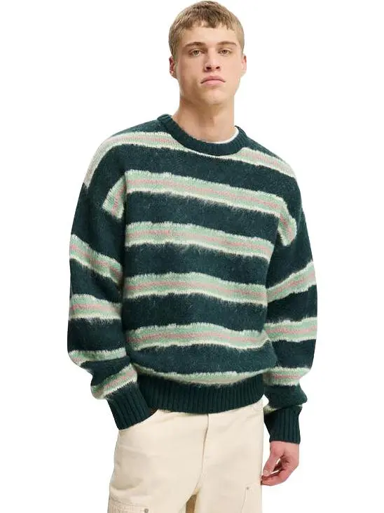 COTTON ON Box Fit Fuzzy Crew Knit - Green Stripe