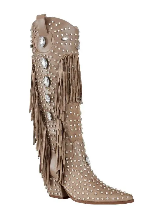 AZALEA WANG Tadao Fringe & Crystal Embellished Western Boots - Beige