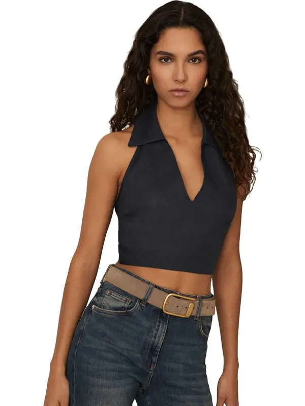 REISS Cara Linen Halterneck Top - Navy