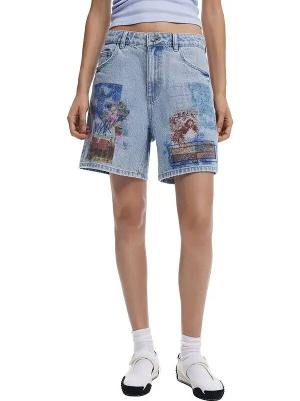 Desigual Patchwork Denim Shorts - Medium Blue