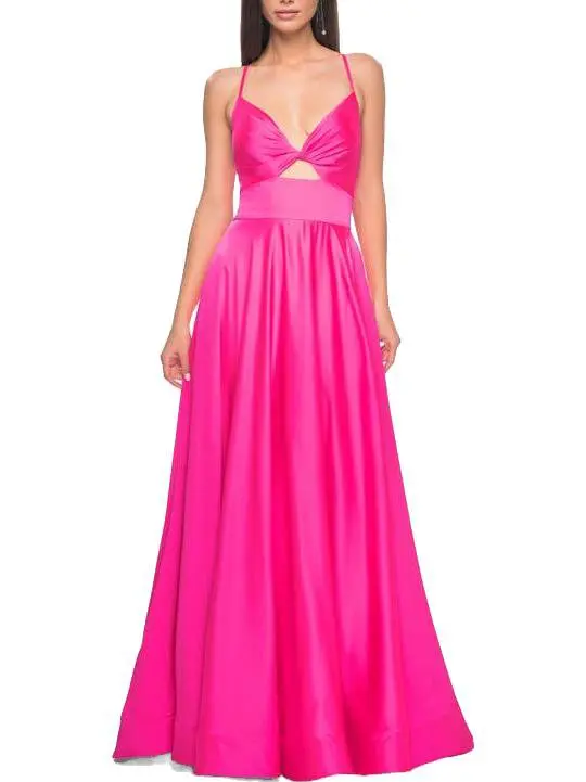 LABOMME Satin A-line Gown With Cut Out And Twist Bodice - Neon Pink