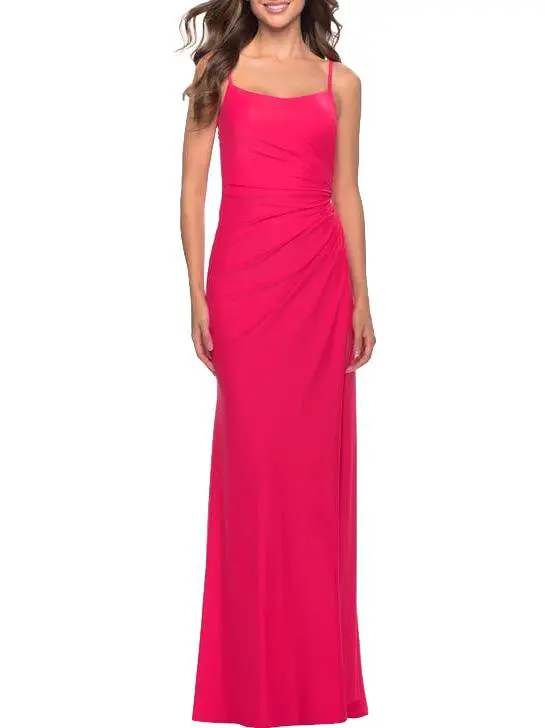LABOMME Jersey Column Gown With Ruching And Slit - Hot Coral