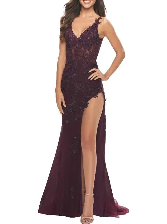 LABOMME Lace Column Gown With Slit - Dark Berry