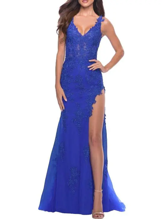 LABOMME Lace Column Gown With Slit - Royal Blue