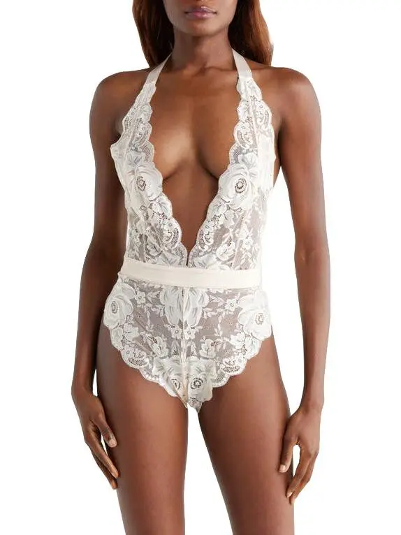 KILO BRAVA Floral Lace Halter Teddy - Whisper Peach