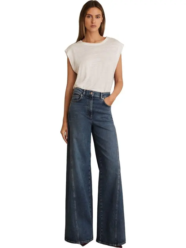 REISS Fern Twist Seam Wide Leg Jeans - Mid Blue