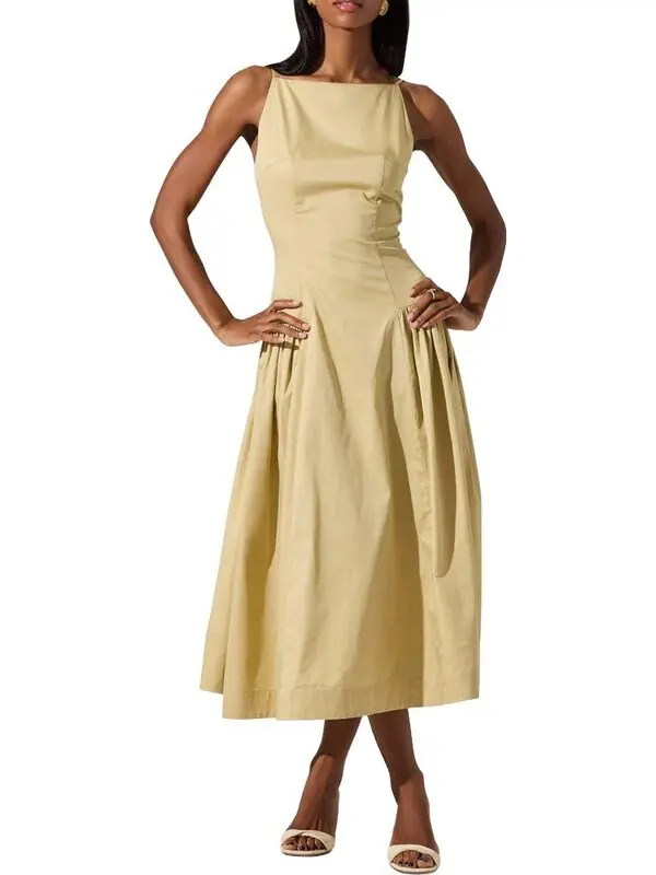 Astr The Label High Neck Open Back Midi Dress - Light Khaki