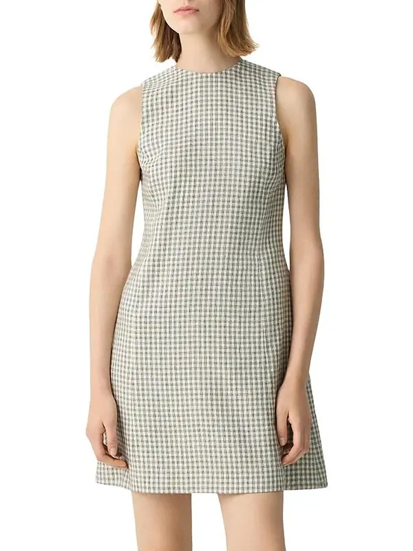 Theory A-line Mini Dress In Checked Linen-blend - Cream Multi