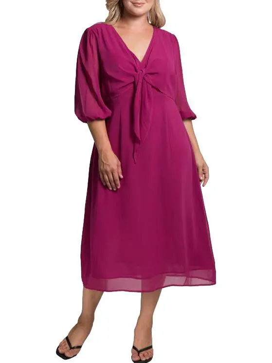 STANDARDS & PRACTICES Kenna Tie Front Chiffon Midi Dress - Fuchsia