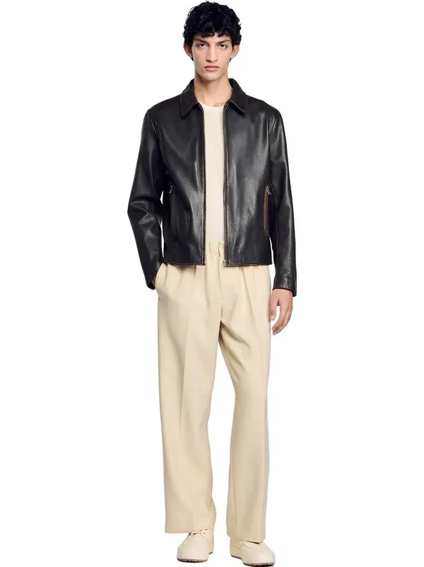 Sandro Distressed-look Leather Jacket - Moka.
