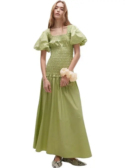 Topshop Puff Sleeve Smocked Cotton Maxi Dress - Light Green