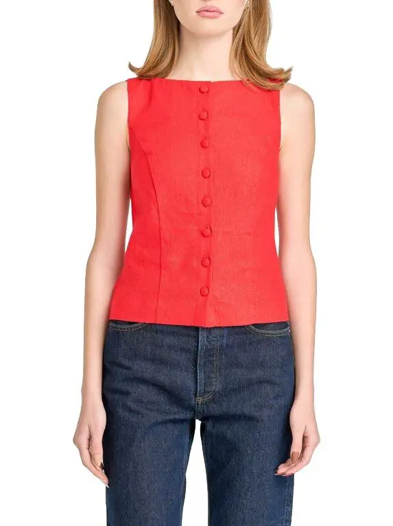WAYF Vera Linen Blend Button-up Top - Red