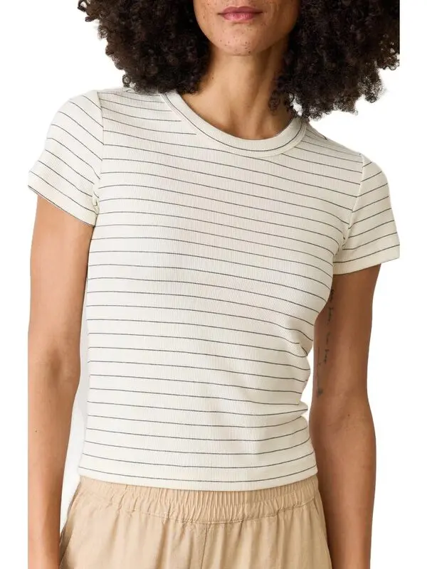 Marine Layer Lexi Sun-in Stripe Rib Crewneck T-shirt - Black Stripe/ Off White