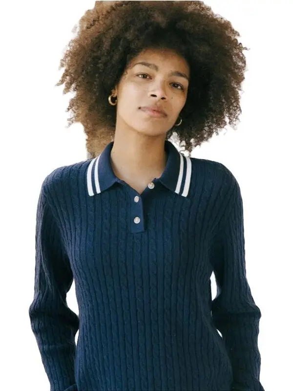 ELLSWORTH + IVEY Grace Long Sleeve Cableknit Polo - Natural