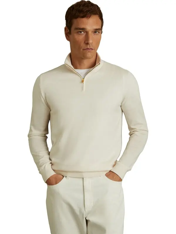 REISS Maxwell Merino Wool Half-zip Polo Shirt - Cream