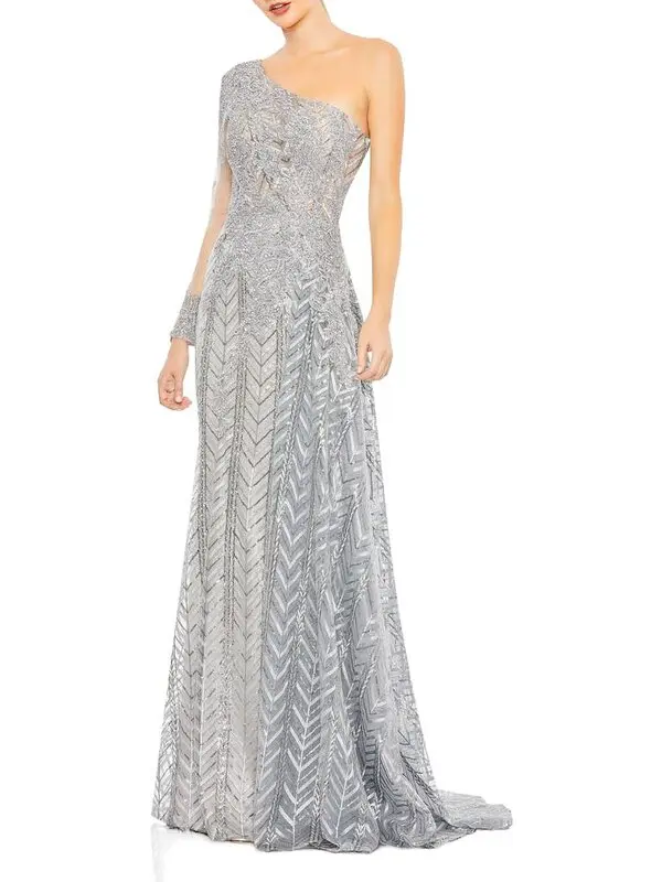 Mac Duggal One-shoulder Hand-beaded Mesh Gown - Platinum