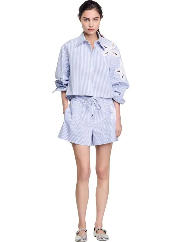 Sandro Striped Shorts With Floral Embroidery - Sky Blue
