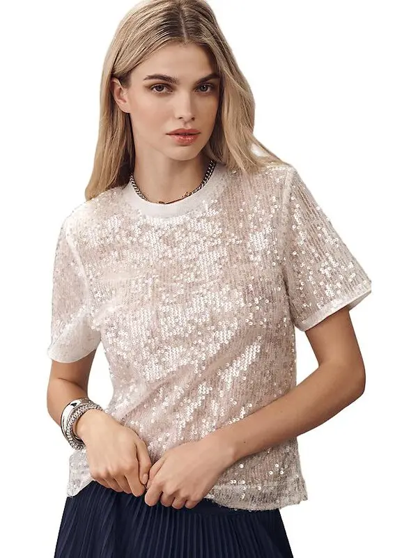 GREY LAB Short-sleeve Sequin Top - White