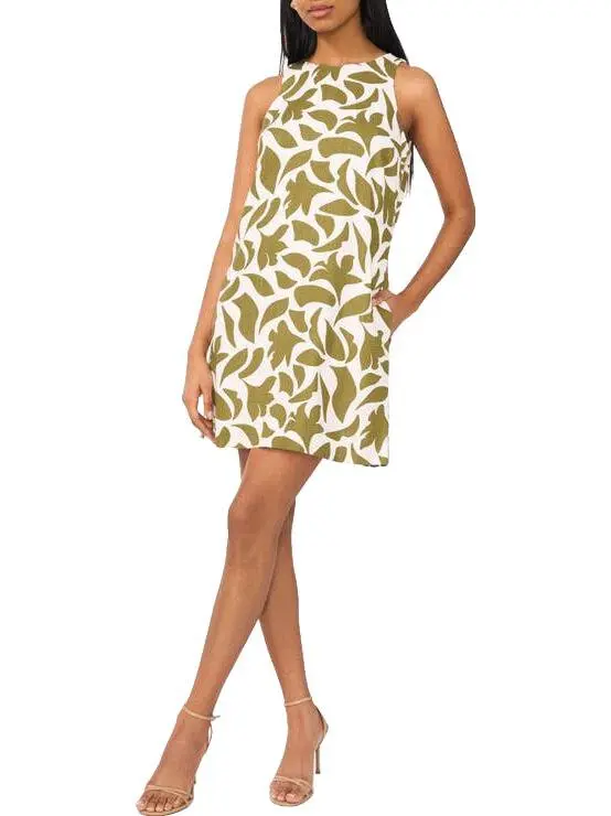 Halogen Abstract Print Linen Blend Trapeze Mini Dress - Olive Moss