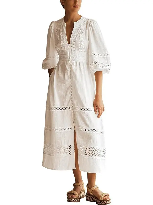 AUR OCEA Bianca Lace Paneled Midi Dress - White