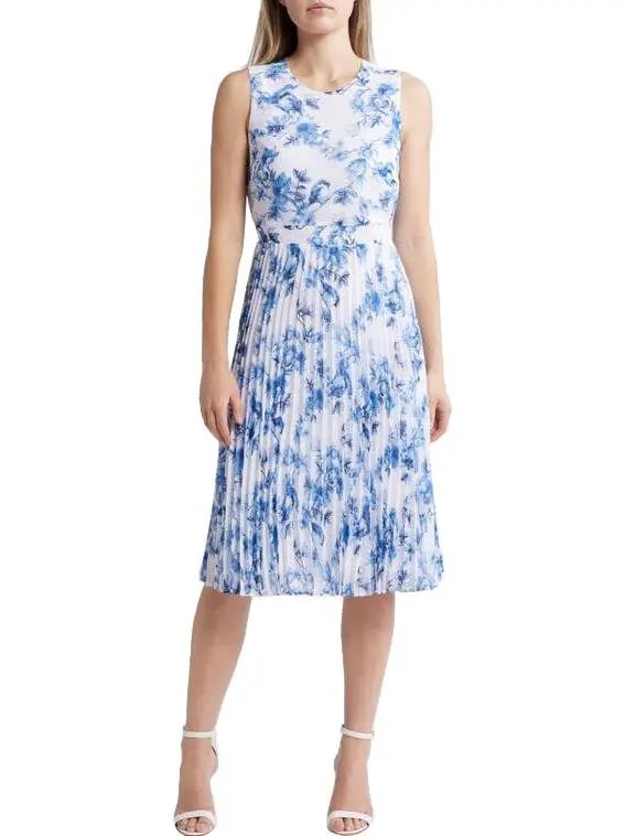 Anne Klein Floral Sleeveless Pleated Dress - Bright White Multi
