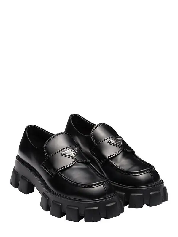 Prada Monolith Brushed Leather Loafers - Black