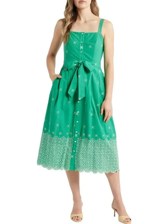 Julia Jordan Embroidered Cotton Midi Sundress - Green