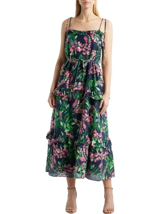 Julia Jordan Tie Strap Tiered Maxi Dress - Navy Multi