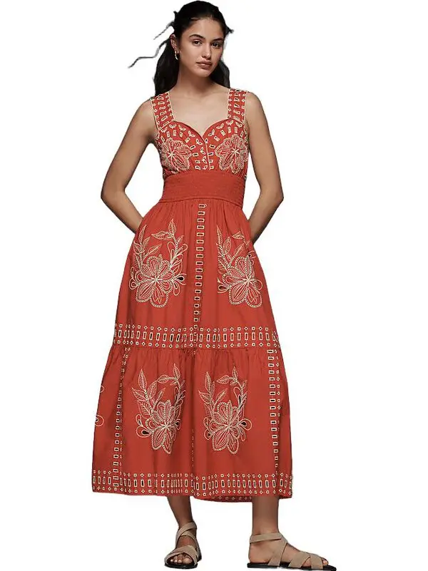Rails Fawn Embroidered Eyelet Midi Dress - Red