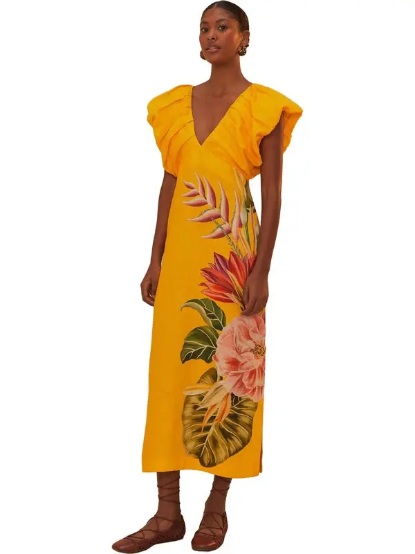 Farm Rio Spring Awakening Euroflax™ Premium Linen Midi Dress - Spring Awakening Off-white