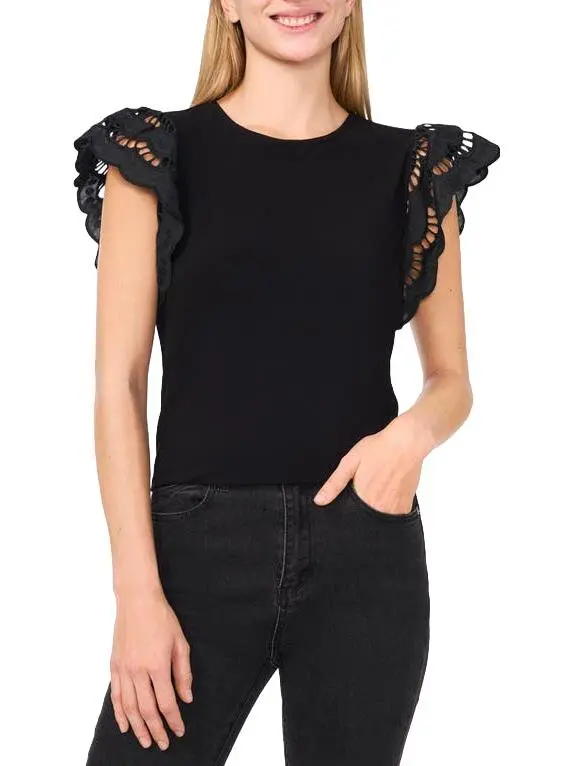 CECE DUPRAZ Embroidered Flutter Sleeve Top - Rich Black
