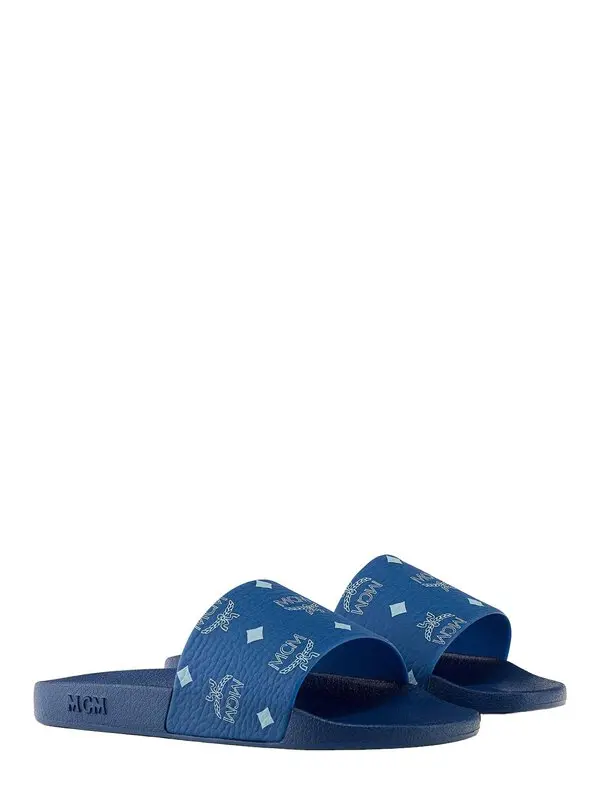 Mcm Monogram Print Rubber Slides - Blue