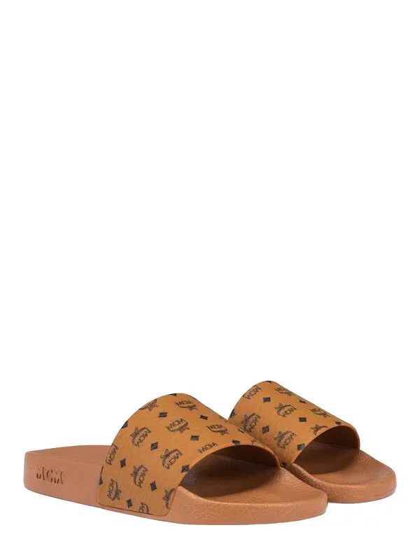 Mcm Monogram Print Rubber Slides - Cognac