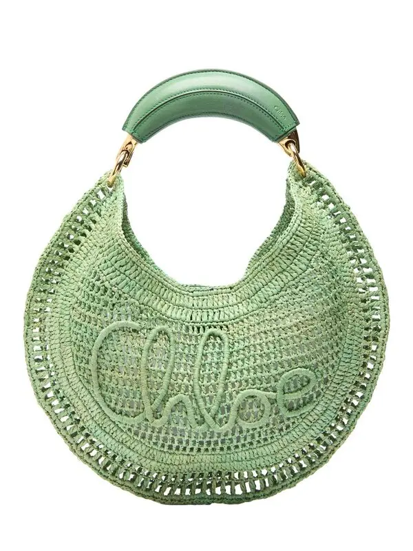 Chloé Raffia Shoulder Bag With Logo Appliqu - Green