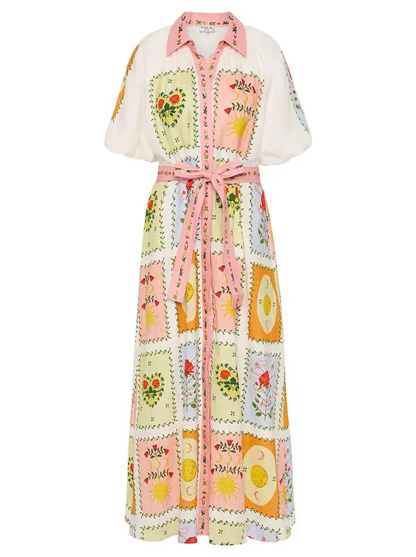 PALM NOOSA Marla Tile-print Linen Maxi Shirt Dress - Siesta Tile