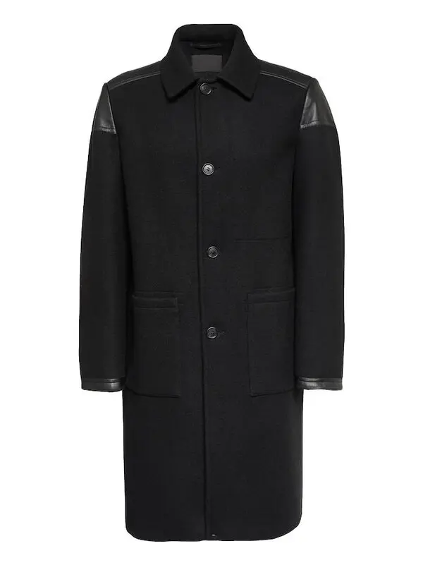Prada Leather-trimmed Wool-blend Coat - Black
