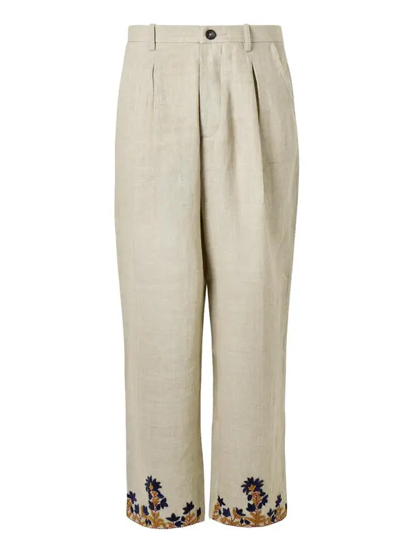 KARTIK RESEARCH Straight-leg Embroidered Linen Trousers - Neutrals
