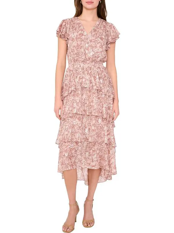 Halogen Floral Flutter Sleeve Tiered Maxi Dress - Coco Mauve