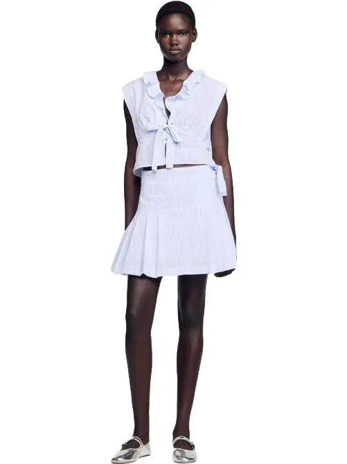 Sandro Mini Striped Pleated Skirt - Ciel / Blanc