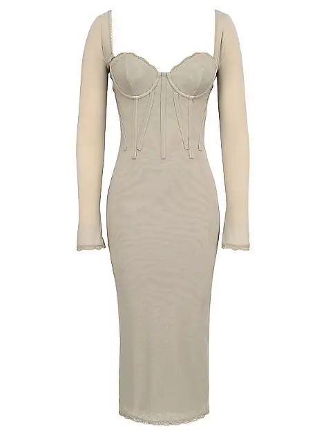 House Of Cb Lace Long-sleeve Midi Dress - Beige Mesh