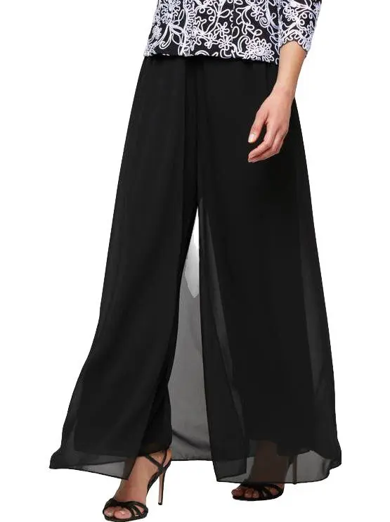 Alex Evenings Wide Leg Pants With Mesh Skirt Overlay - Black
