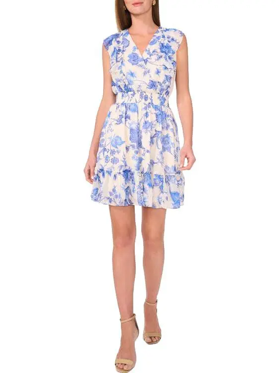 Halogen Metallic Floral Print Sleeveless Ruffle Dress - Cream