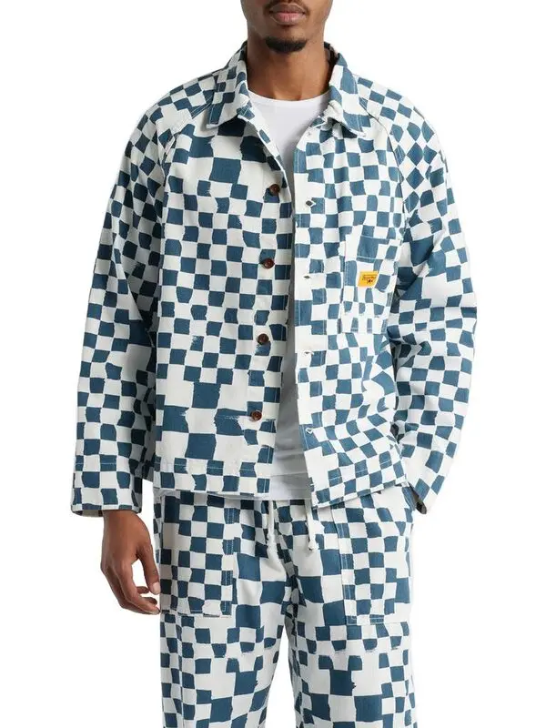 SERVICE WORKS Organic Cotton Drill Printed Front Of House Jacket - Teal Checker