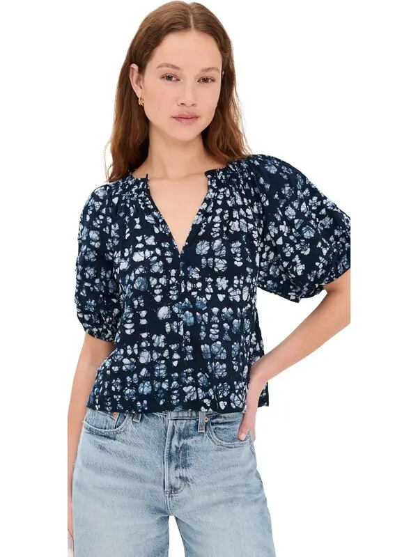 APIECE APART Caminitas Puff Sleeve Top - Batik Geo Indigo