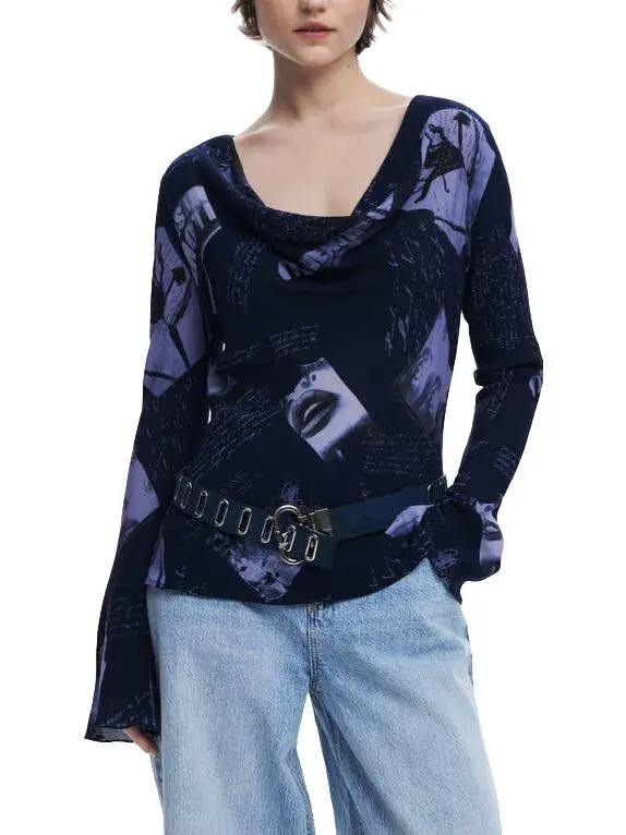 Desigual Print Cowl Neck Top - Dark Blue