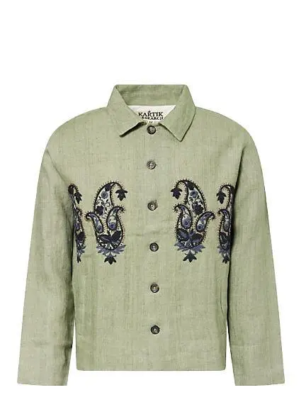 KARTIK RESEARCH Embroidered Cropped Linen Shirt Jacket - Pista/black/grey